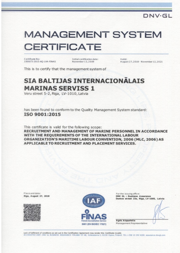 Sertified Manning Agent accordance with ISO 9001